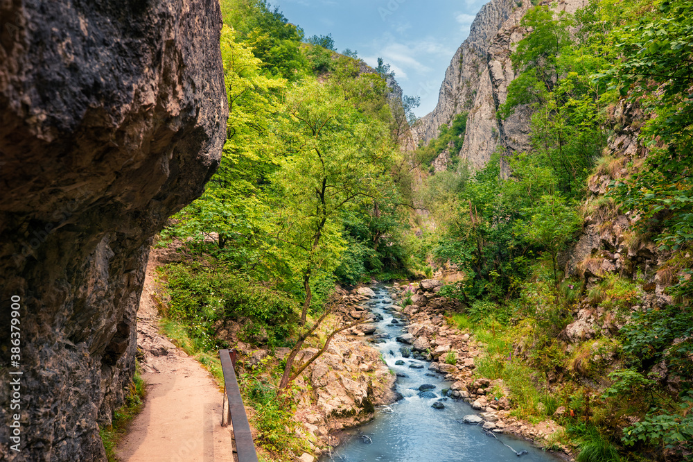Bright sunny view of Cheile Turzii / Turzii's Gorge canyon, large ...