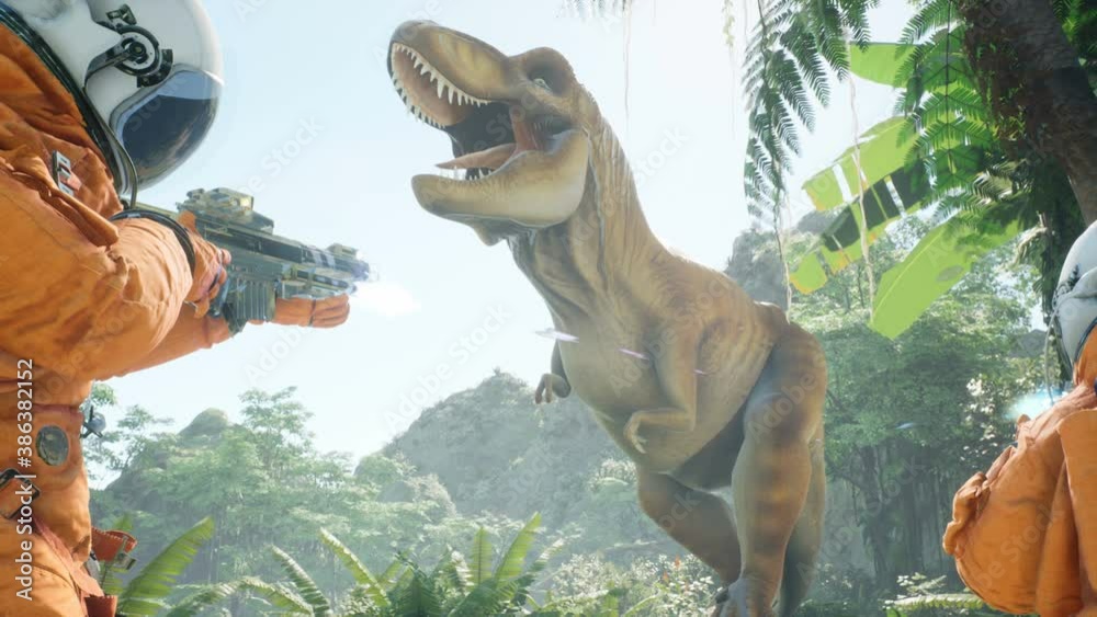 Tyrannosaurus Rex dinosaur attack on two astronauts-travelers in ...