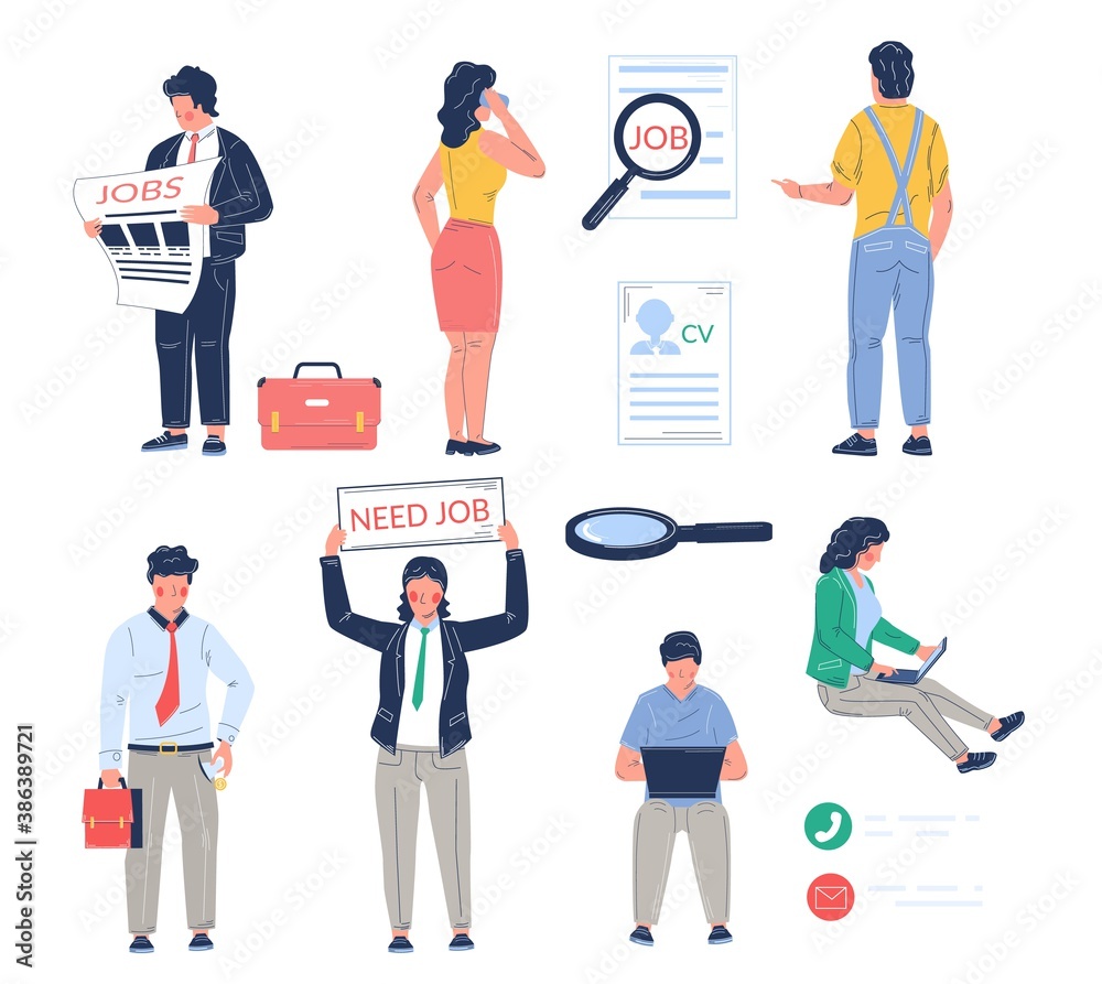 Job search male and female cartoon character set vector isolated illustration. Job candidates with newspaper cv laptop mobile phone looking for work. Employment recruitment career. Stock Vector Adobe ...