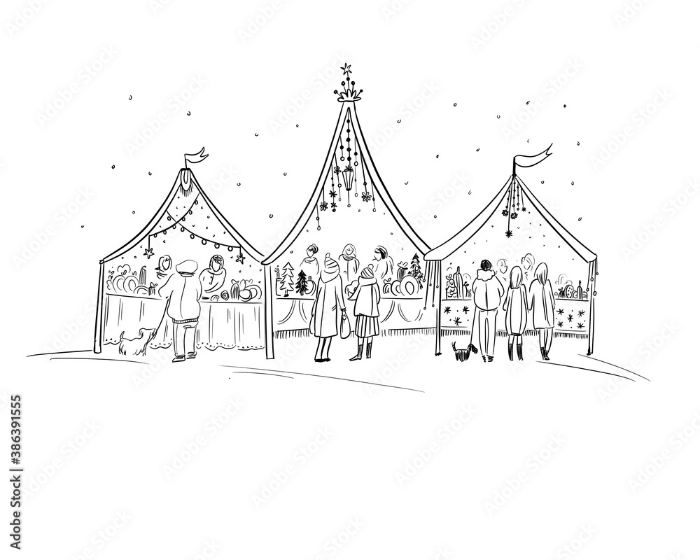 Fantasy illustration of Christmas market, rural winter fair - black and ...