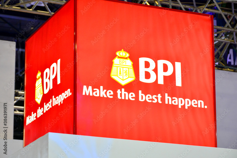 Bank of the Philippine Islands (BPI) booth sign at Manila International ...