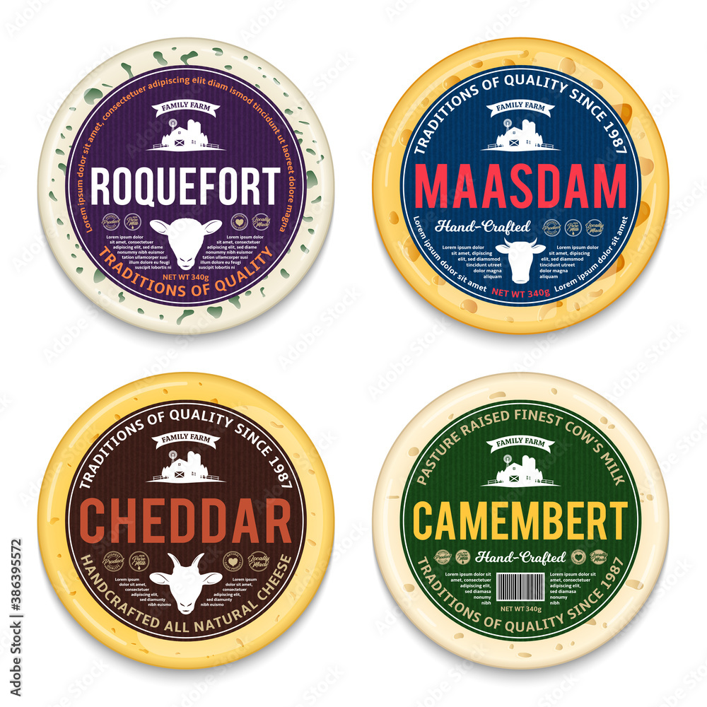 Vector cheese round labels and different types of cheese detailed ...
