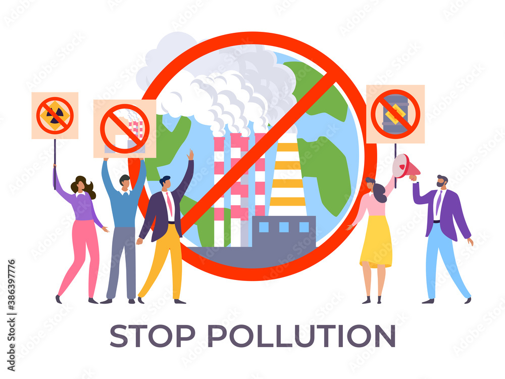 Eco activist character stop pollution, mass rally group young people ...