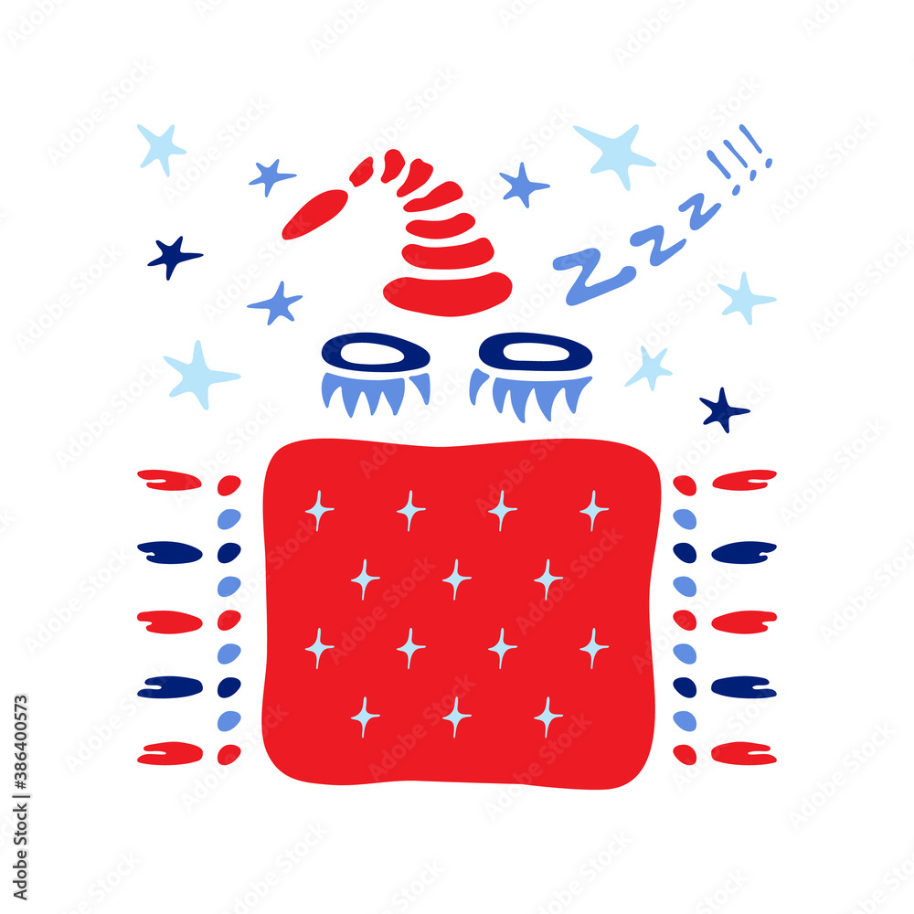 Closed eyes, blanket, nightcap and stars. Hand drawn cartoon collection ...