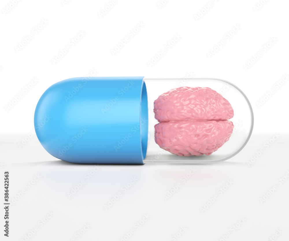 blue pill filled brain on white background, nootropic for the brain or ...