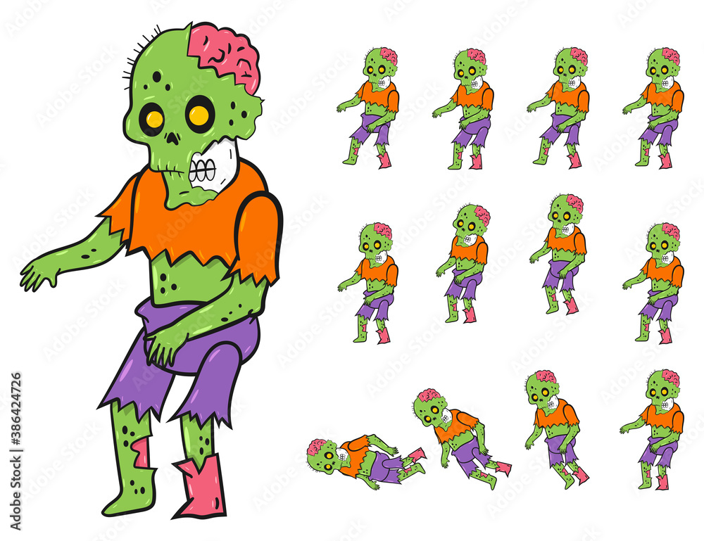 Zombie character sprites vector cartoon set isolated on a white ...