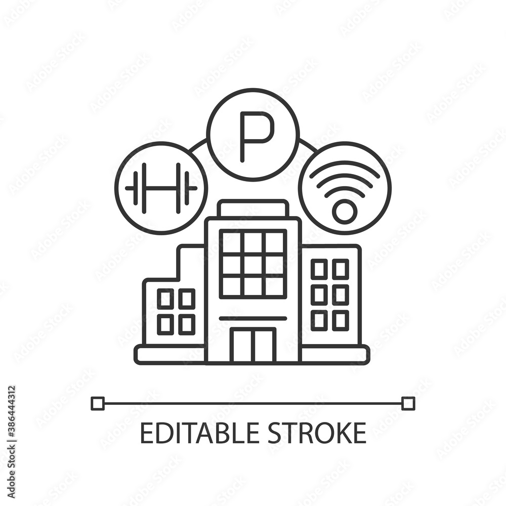 Building amenities pixel perfect linear icon. Services in hotel. Wifi ...
