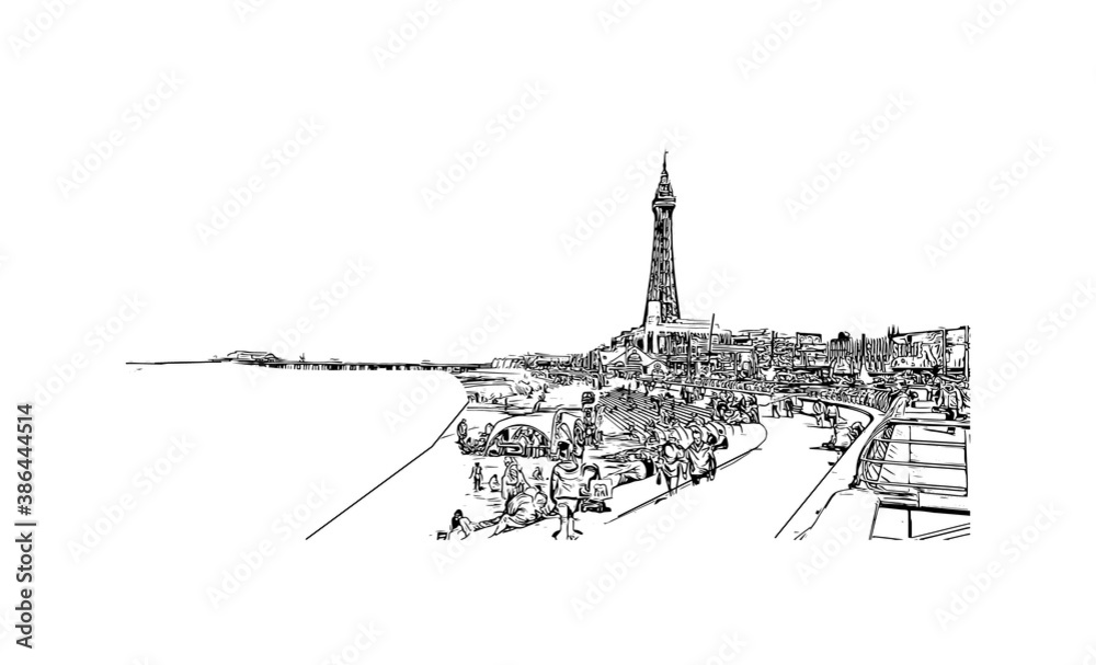 Building view with landmark of Blackpool is a seaside resort on the ...