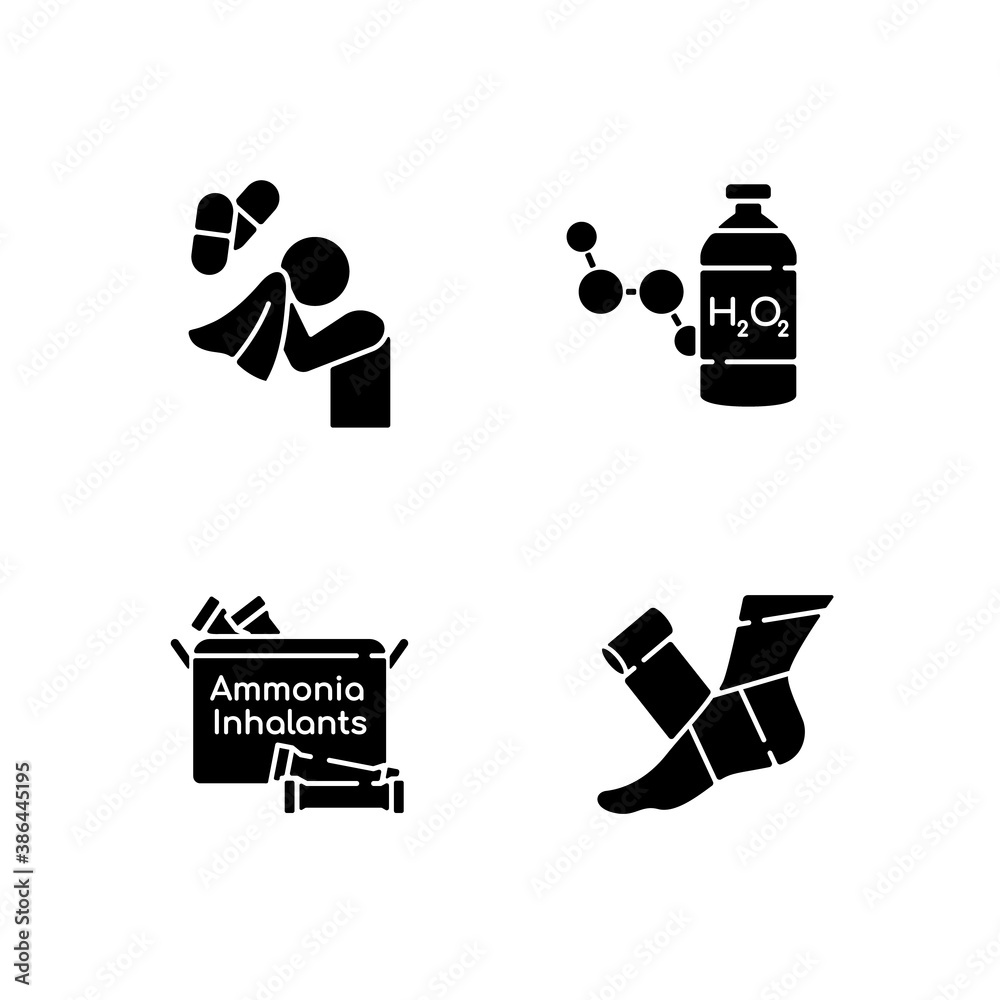 Emergency medication black glyph icons set on white space ...