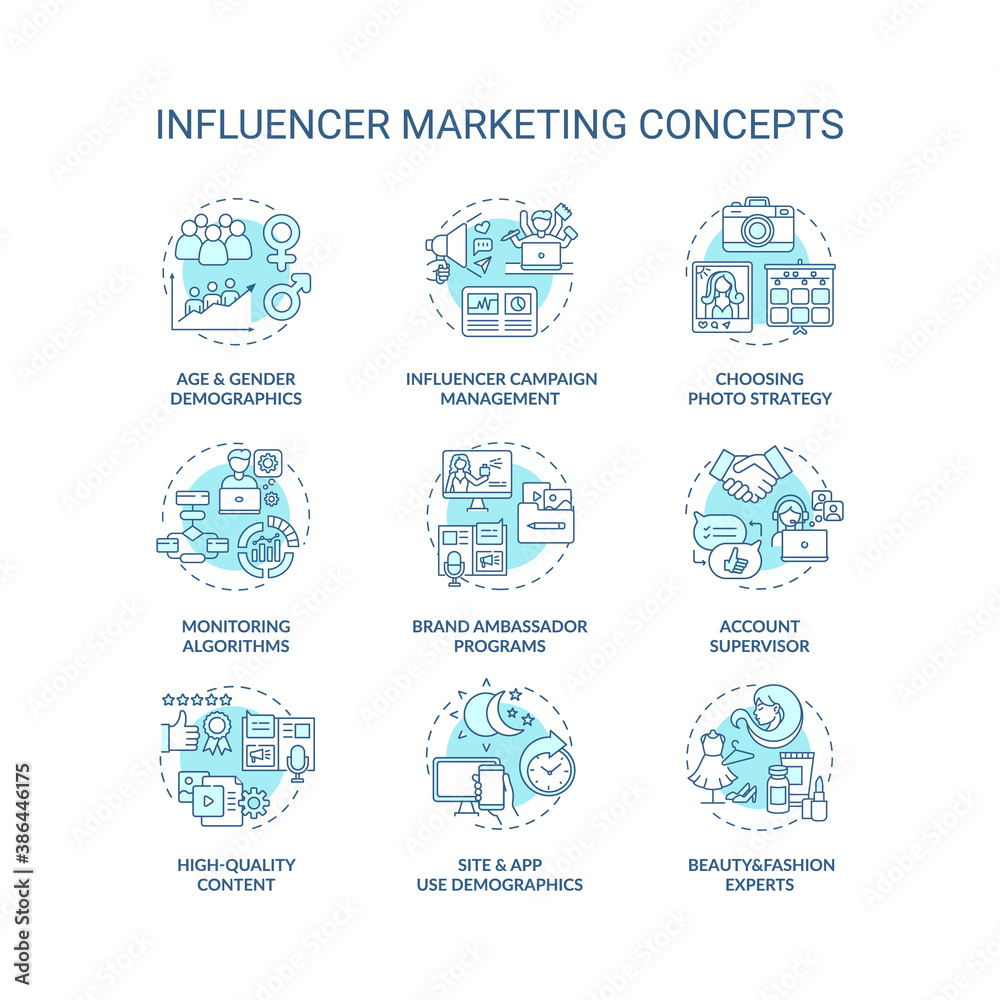Influencer marketing concept icons set. Influencer campaign management ...