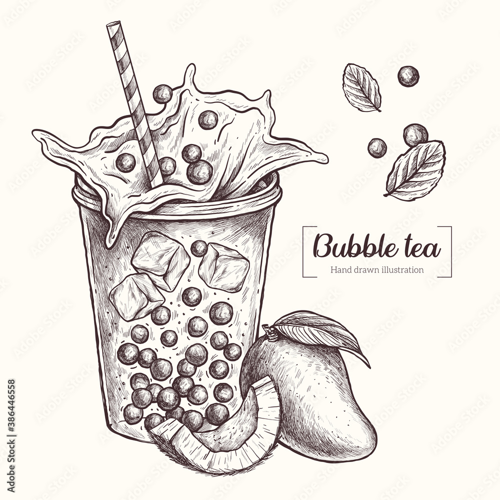 Bubble tea. Drink with ice and tapioca. Coconut, mango, mint. Vector ...