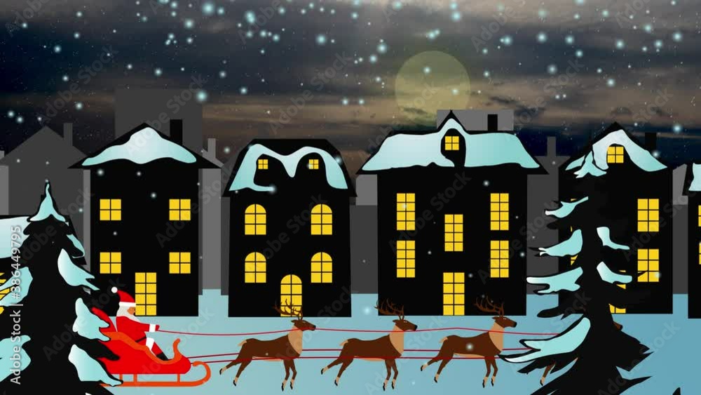 christmas background scene animation with Santa Claus flying with ...