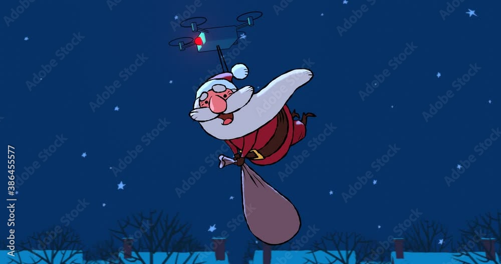 Looping cartoon animation of Santa flying over rooftops underneath a ...