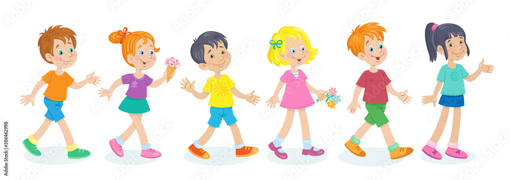 Six happy children of different nationalities are walking. In cartoon ...