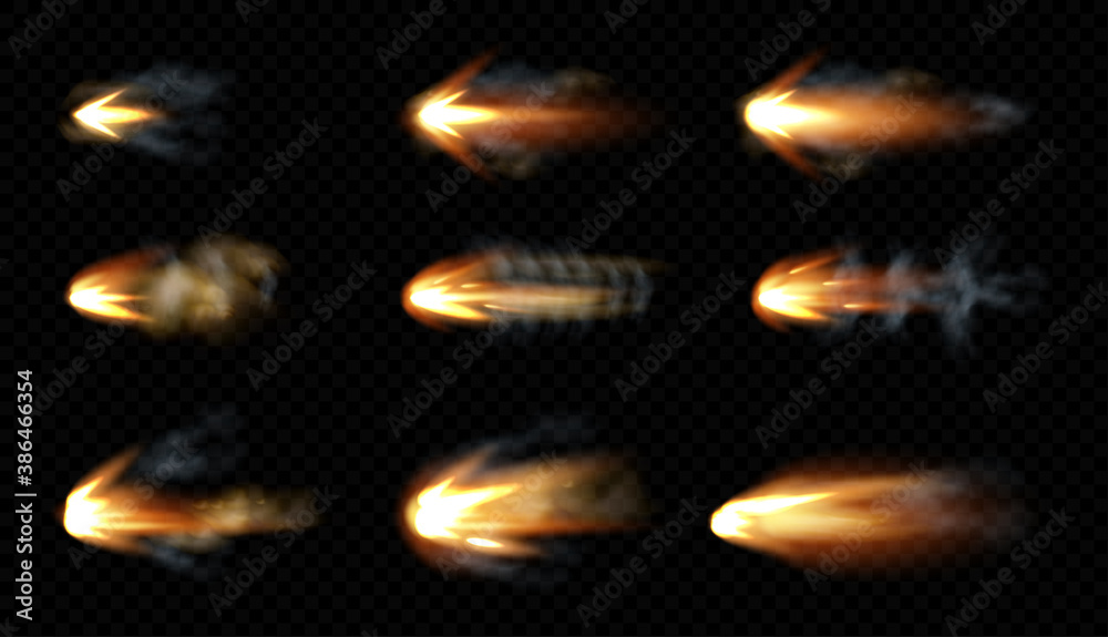 Gun flashes with smoke and fire sparkles. Pistol shots clouds, muzzle ...