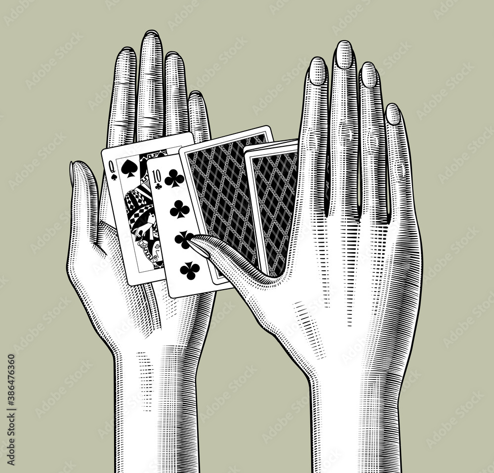 Female hands with playing cards. Vintage engraving stylized drawing ...