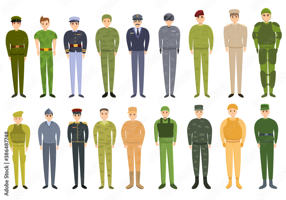 Military uniform icons set. Cartoon set of military uniform vector ...