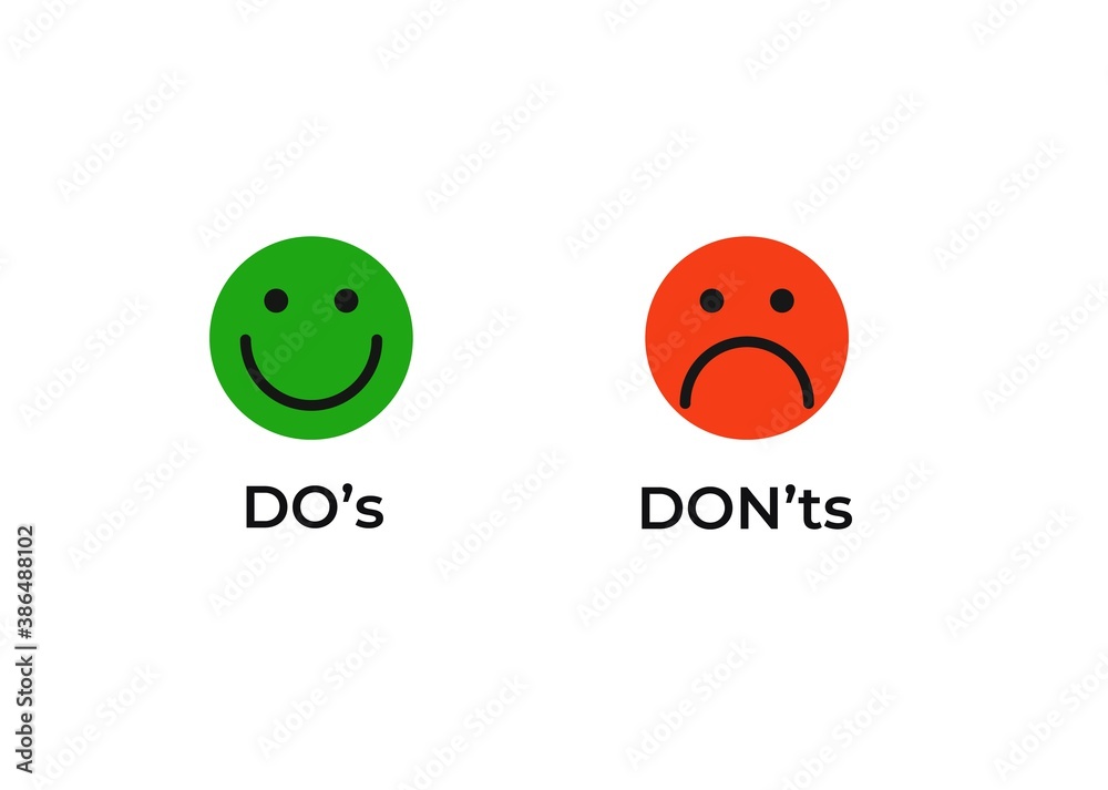 Do and dont smiley icon. Joyful green correct and good event and red ...