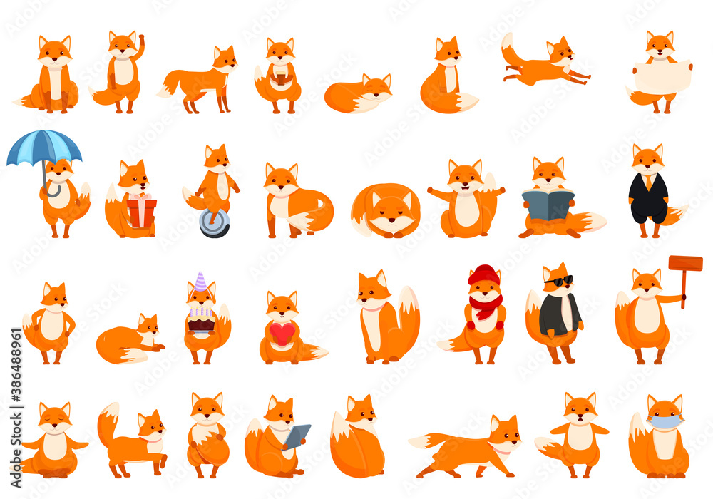 Fox icons set. Cartoon set of fox vector icons for web design Stock ...