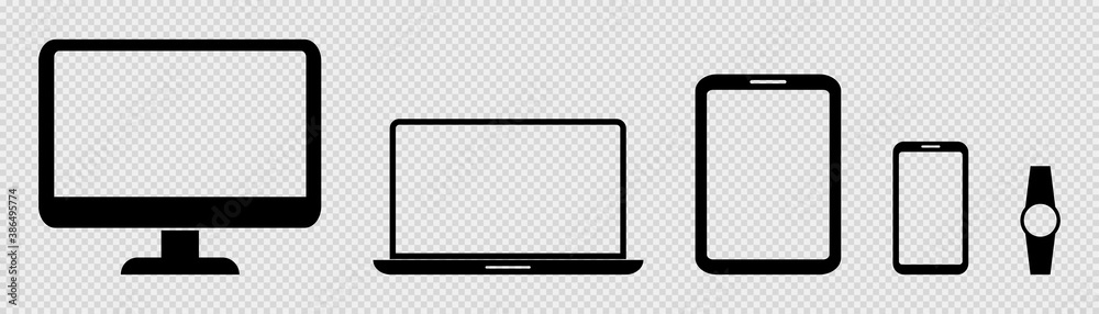 Desktop computer and laptop silhouette. Black smartphone and tablet ...