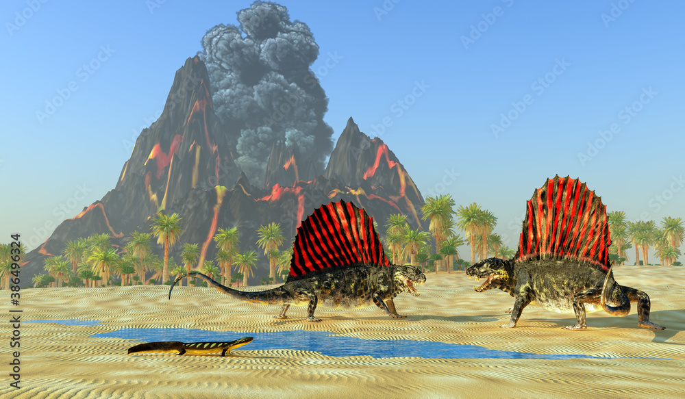 Ilustracja Stock: Dimetrodon Dinosaur Fight - A Diplocaulus dinosaur ...