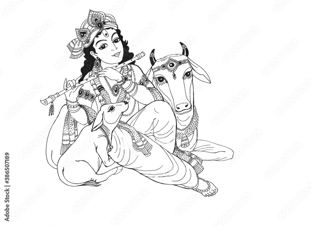 Lord Krishna is a young handsome cowherd boy playing the flute and a ...