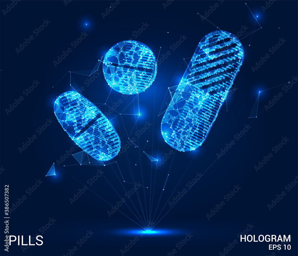 Hologram of the tablet. Pills of polygons, triangles of points, and ...