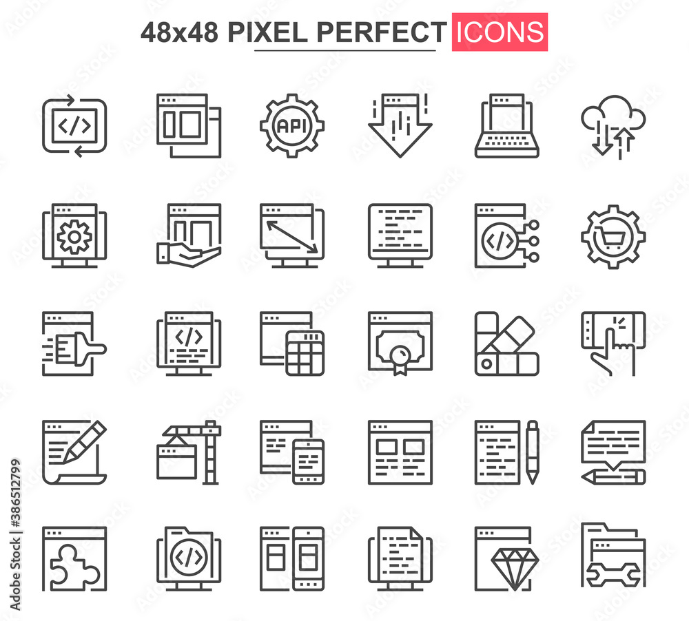 Web development thin line icon set. Application programming outline ...