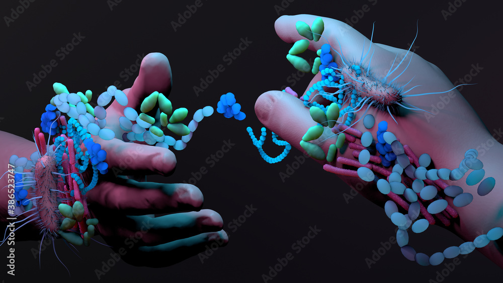 Bacteria on the hands, infections spread by hands, Washing your hands ...