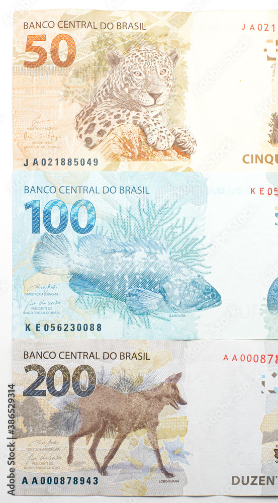 Animals of the Brazilian banknotes on the back. Side by side BRL ...