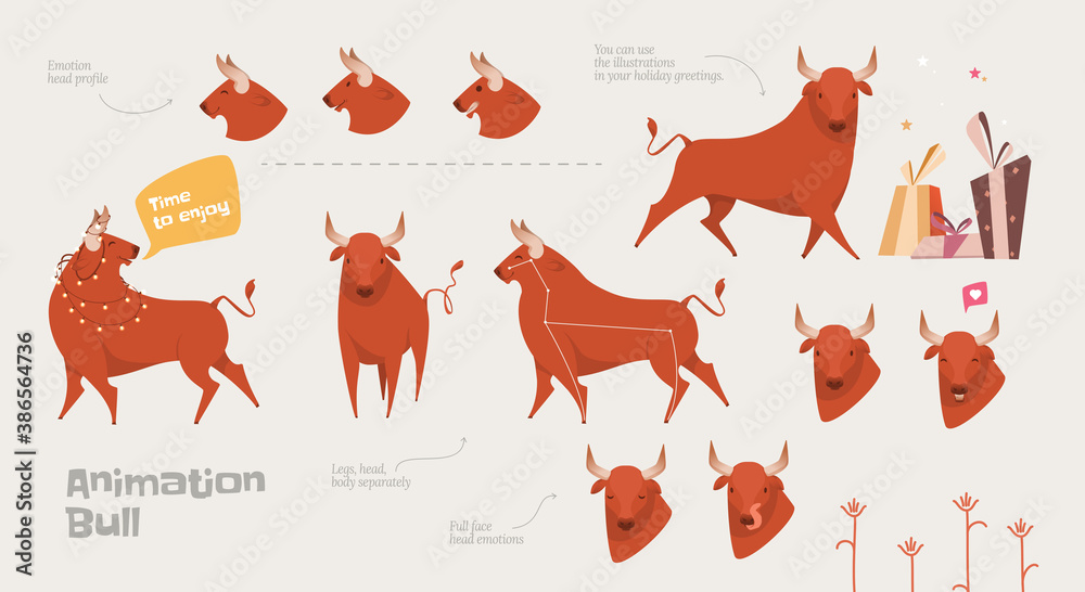 Drawn animation bull for 2021 animations. EPS illustration of an ...