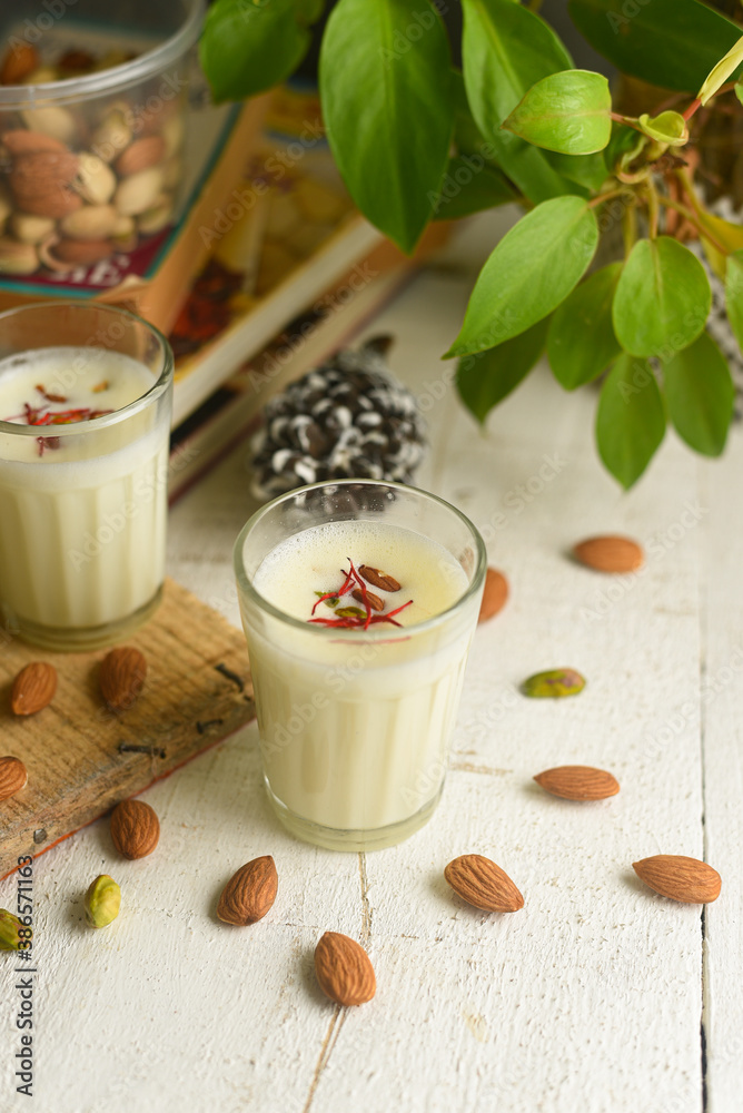 Kesar Badam milk shake or Almond Saffron milk prepared with almonds ...