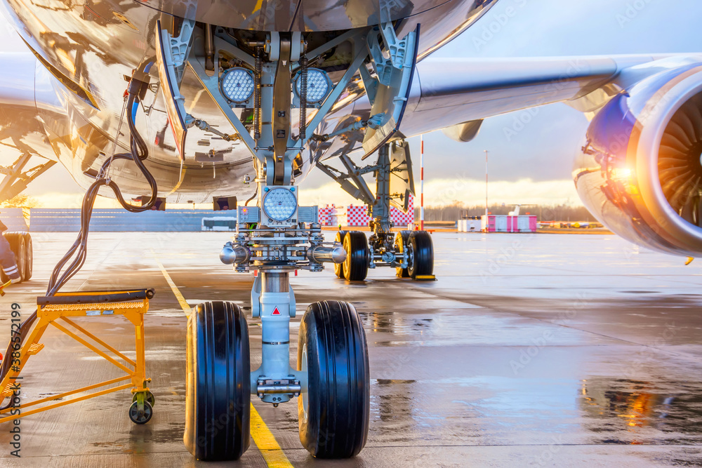 Front landing gear landing lights and connected ground power under the ...