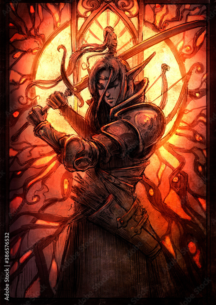 Elf swordsman with a long curved sword in his hands, in armor with long ...