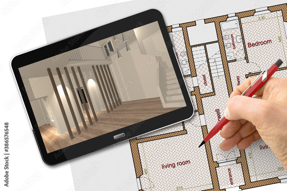 Architect drawing an interior design. Concept image with indoor ...