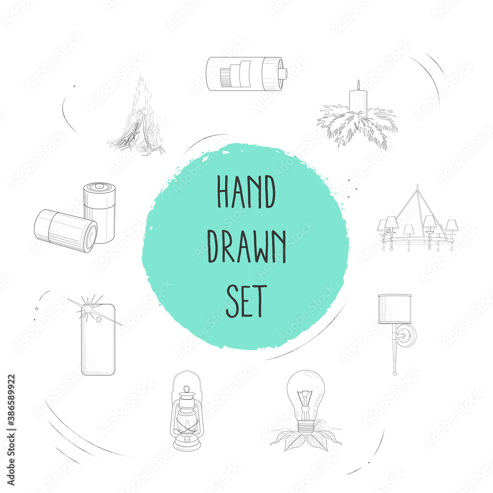 Set of light sources icons line style symbols with bonfire, chandelier ...