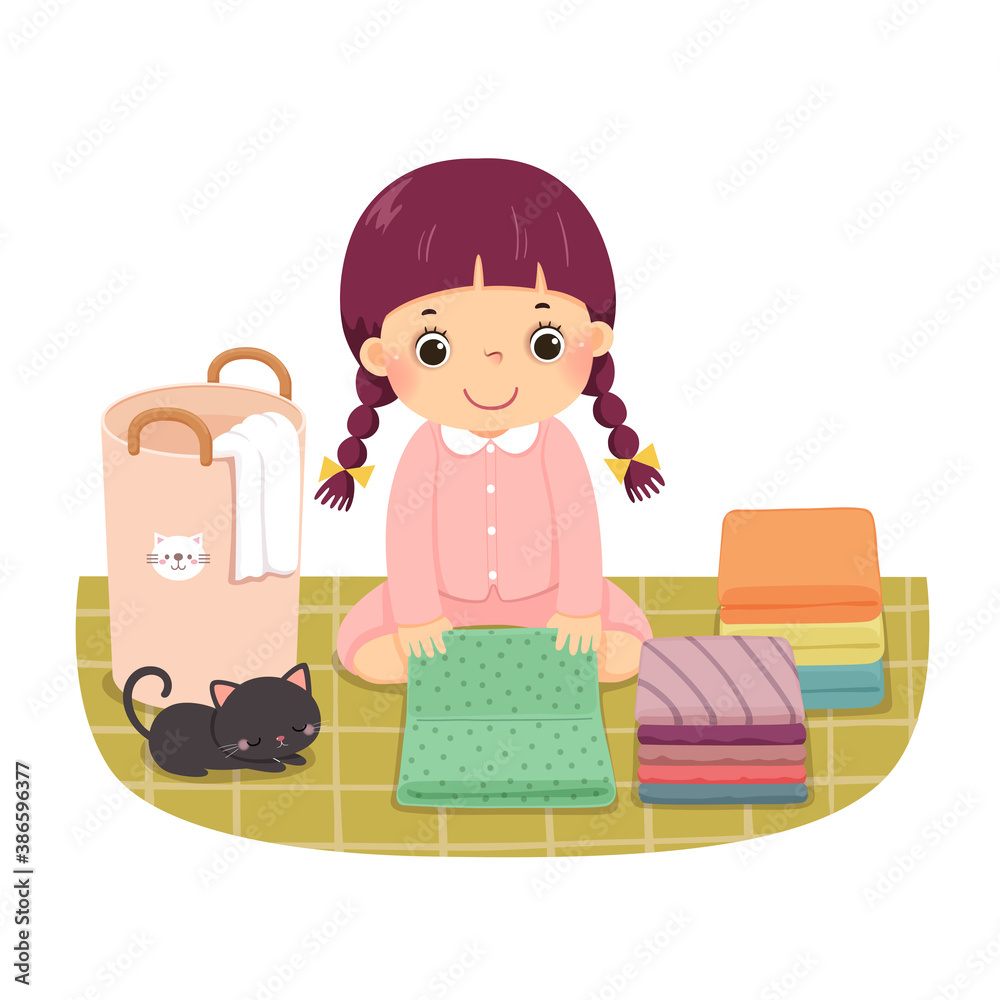 Vector illustration cartoon of a little girl folding clothes. Kids ...