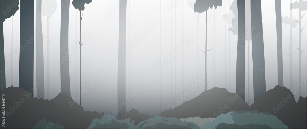 Vector background of dark forest at sunrise. Forest twilight vector ...