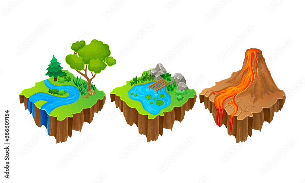 Floating Game Islands with Forest and Volcano Vector Set Stock Vector ...
