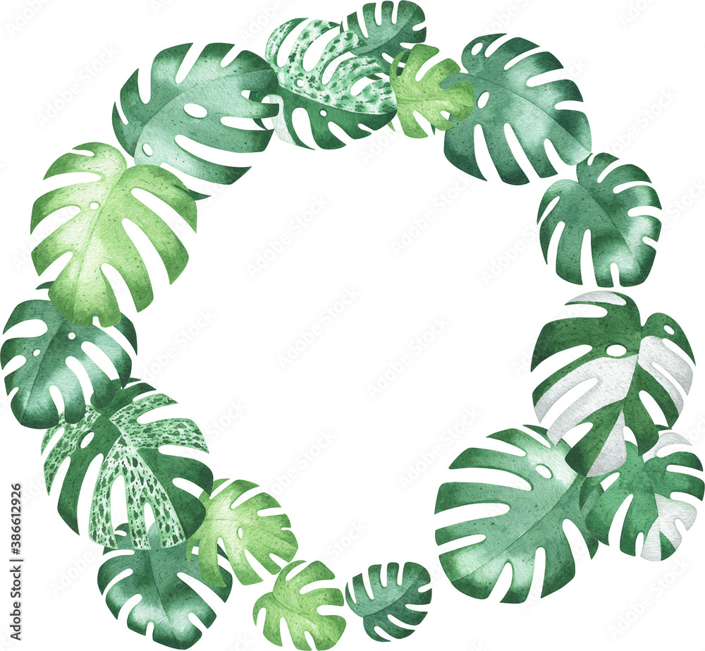 Watercolor hand painted monstera frame. Circle frame with the tropical ...