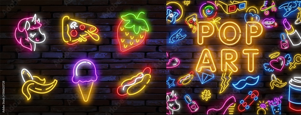 Neon patch badges with lips, hearts, speech bubbles, stars and other ...