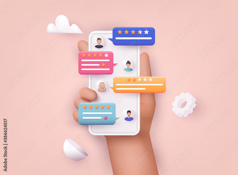 Hands holding phone with review rating. Reviews stars with good and bad ...