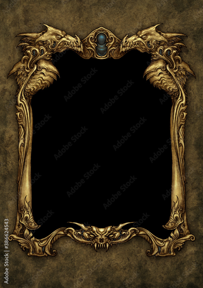 Fantasy golden dragon frame background - digital illustration Stock ...