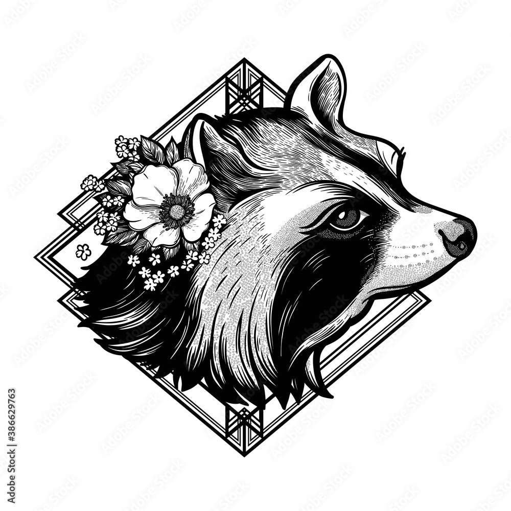 Raccoon portrait. Dreamy magic art. Night, nature, wicca symbol ...