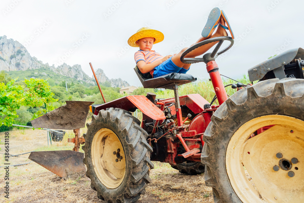 Little boy farmer on a tractor among green grain fields Stock Photo ...
