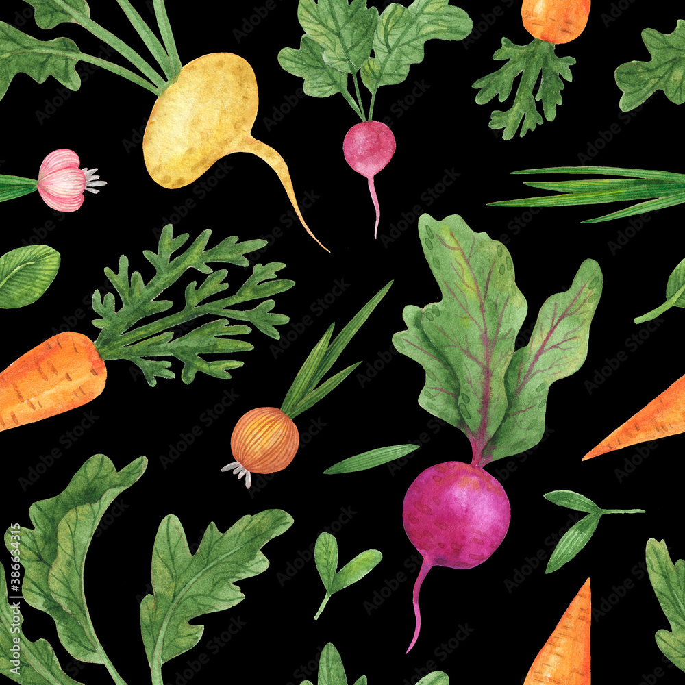 Watercolor Vegan Pattern isolated on black background.. Seamless Hand ...
