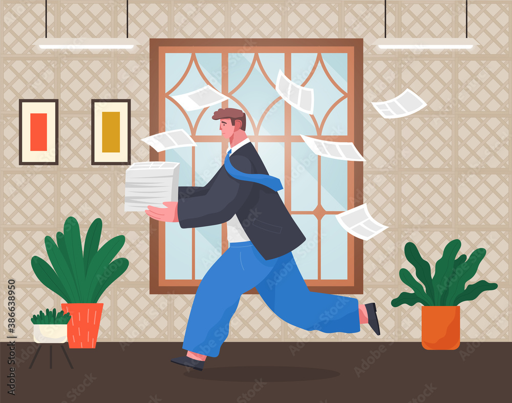 Office worker holding stack of documents running in office. Unorganized ...