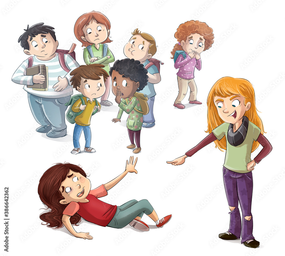 Victim of bullying that a group of children do not dare to help Stock ...