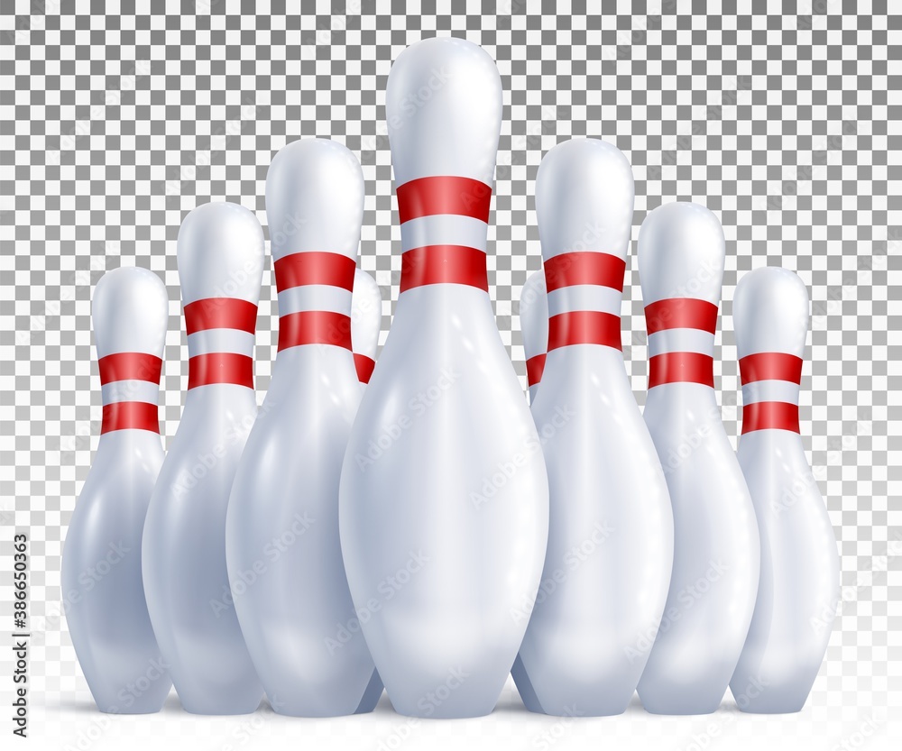 Bowling pins arranged for game and tournament front view. 3d realistic ...