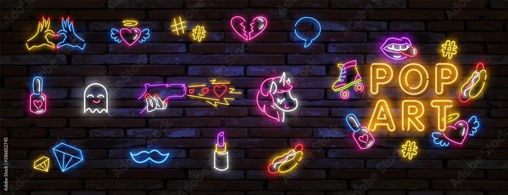 Pop art icons set. Pop art neon sign. Bright signboard, light banner ...